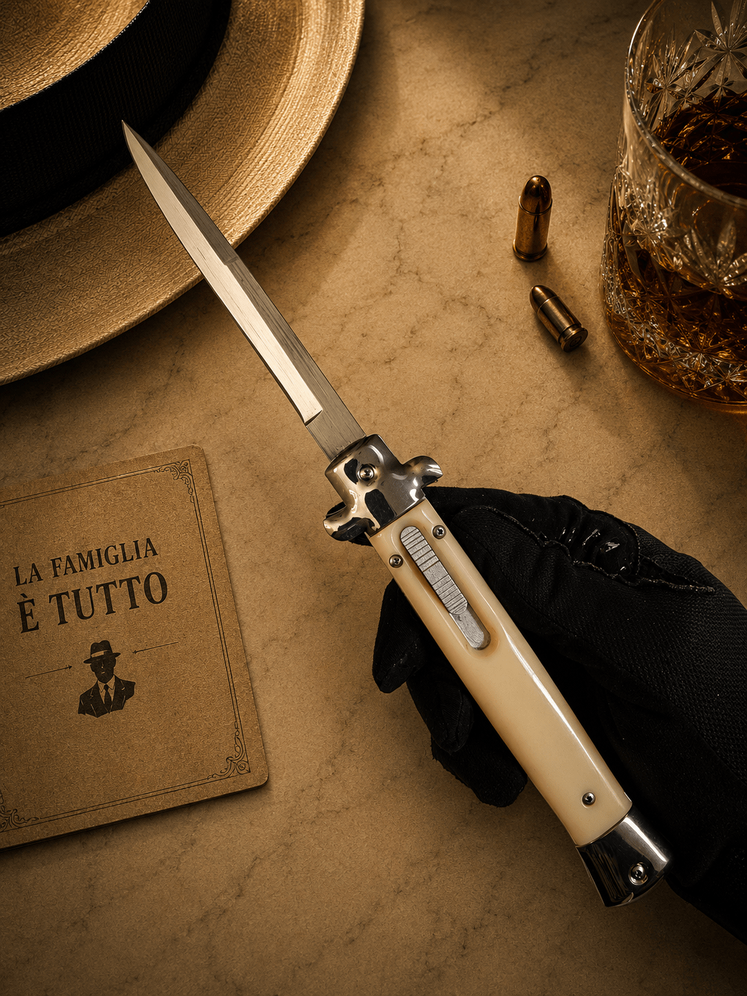 11" Italian Mafia D/A Stiletto OTF Knife - Ivory - Polished Plain Bayo
