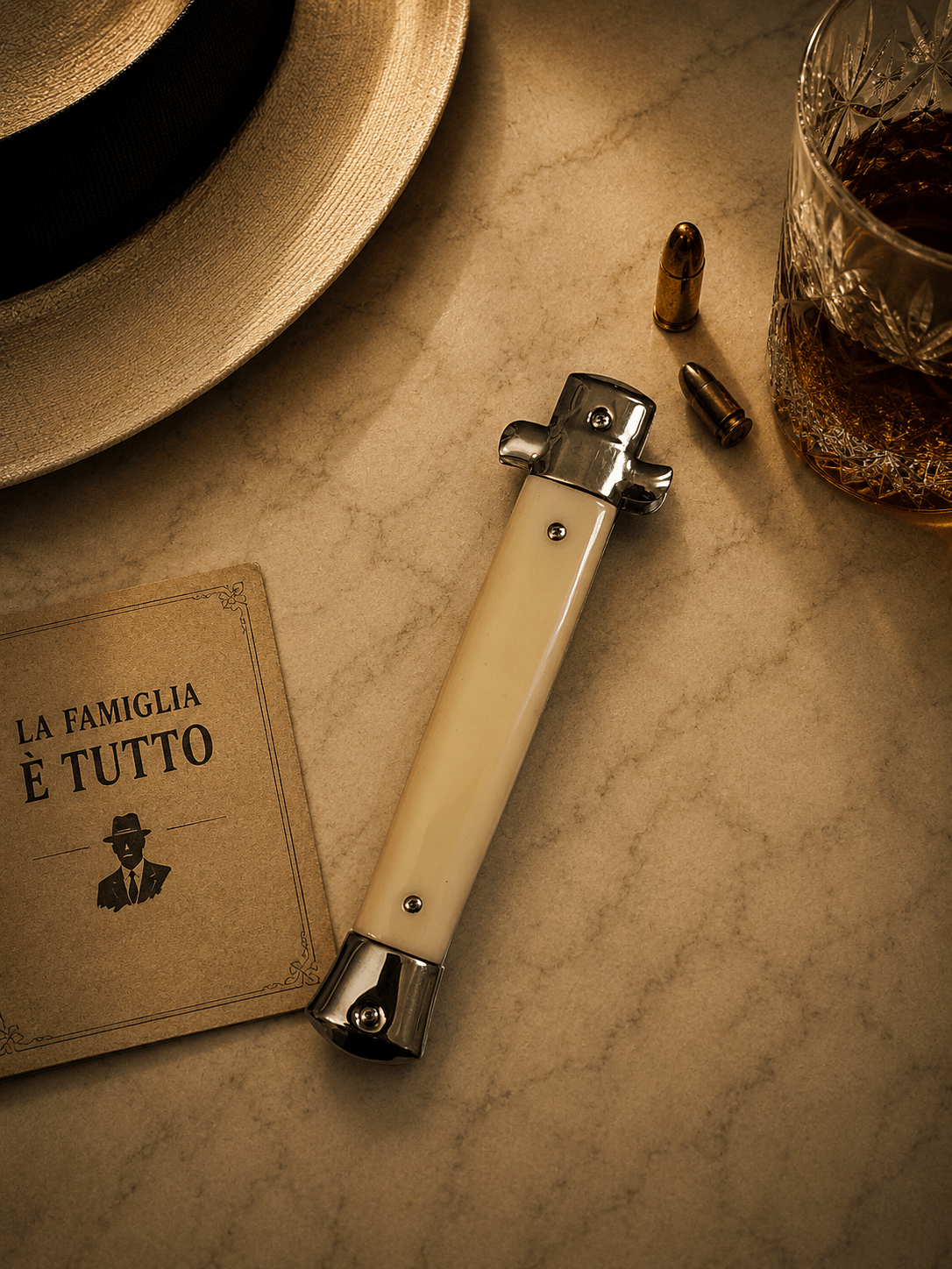 11" Italian Mafia D/A Stiletto OTF Knife - Ivory - Polished Plain Bayo