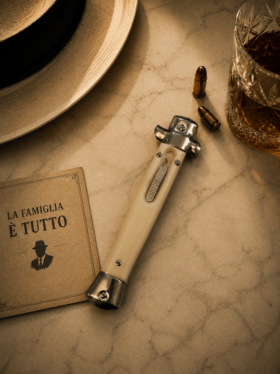 11" Italian Mafia D/A Stiletto OTF Knife - Ivory - Polished Plain Bayo